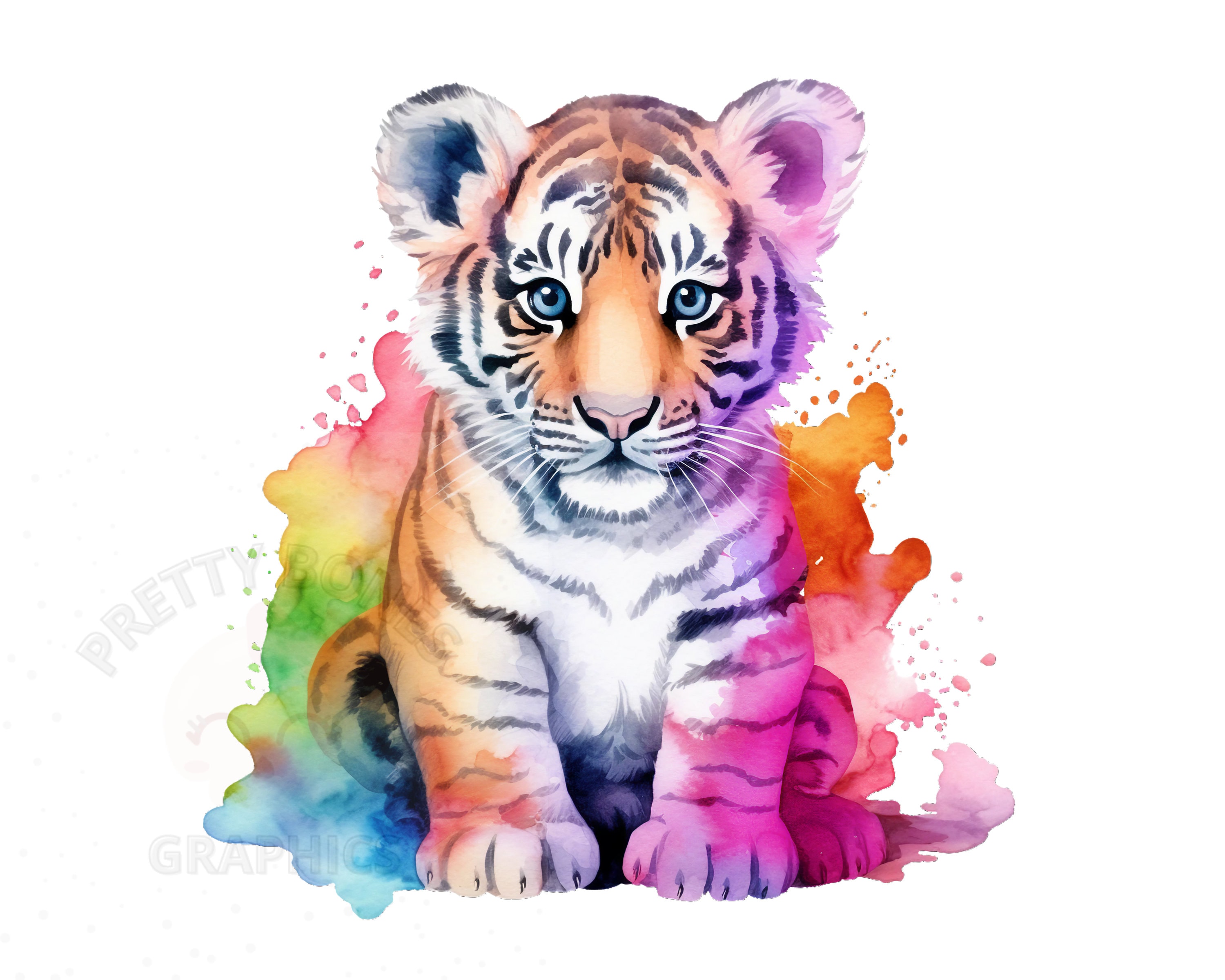 Watercolor Baby Tiger Clipart, Rainbow Colors, PNG Instant Download ...