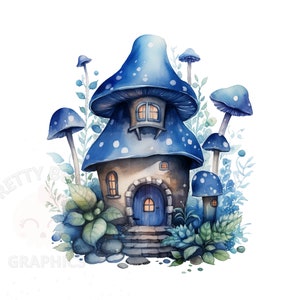 Watercolor Blue Fairy Houses Clipart Bundle, PNG Instant Download Files ...