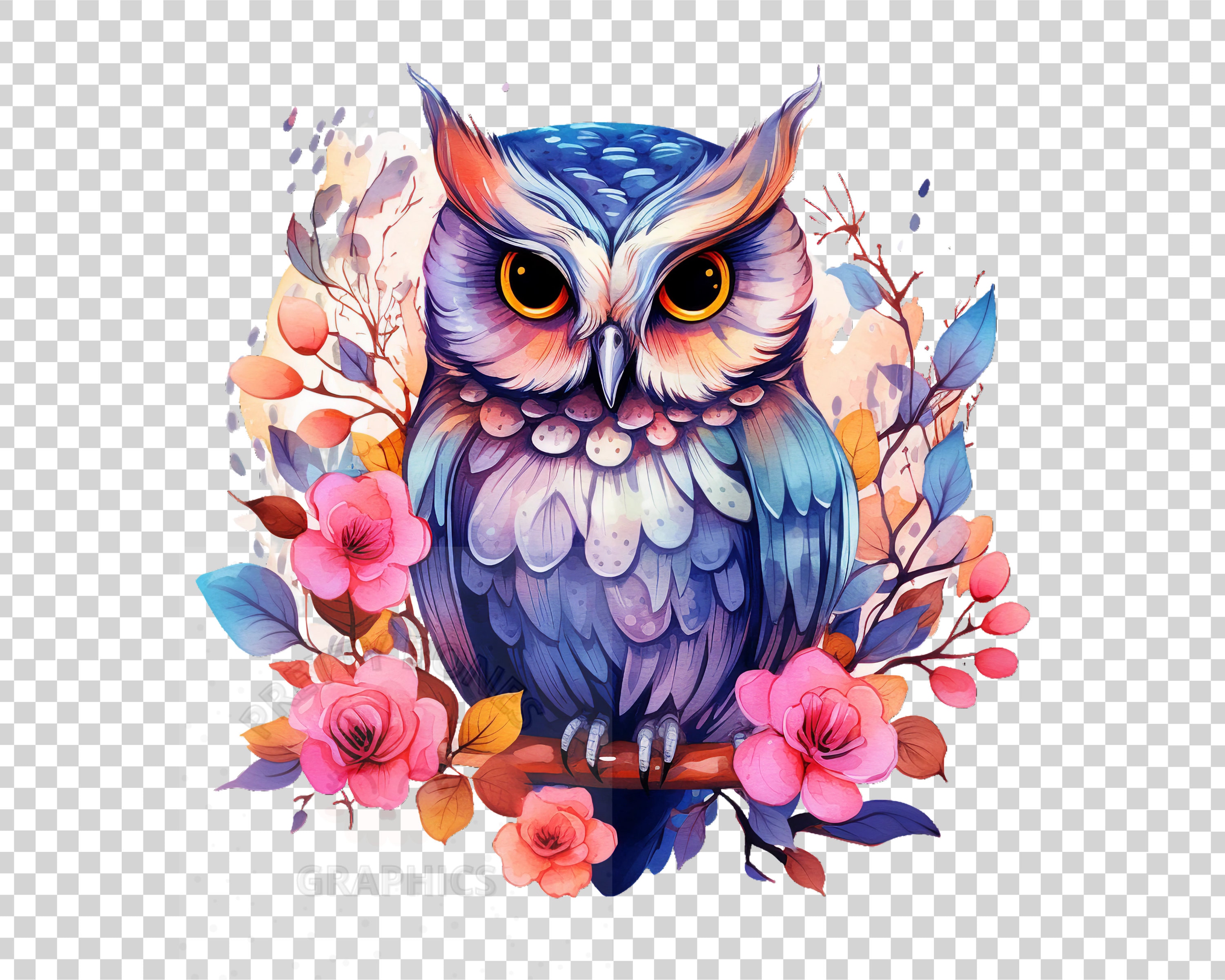 Watercolor Floral Owl Clipart PNG Instant Download File - Etsy