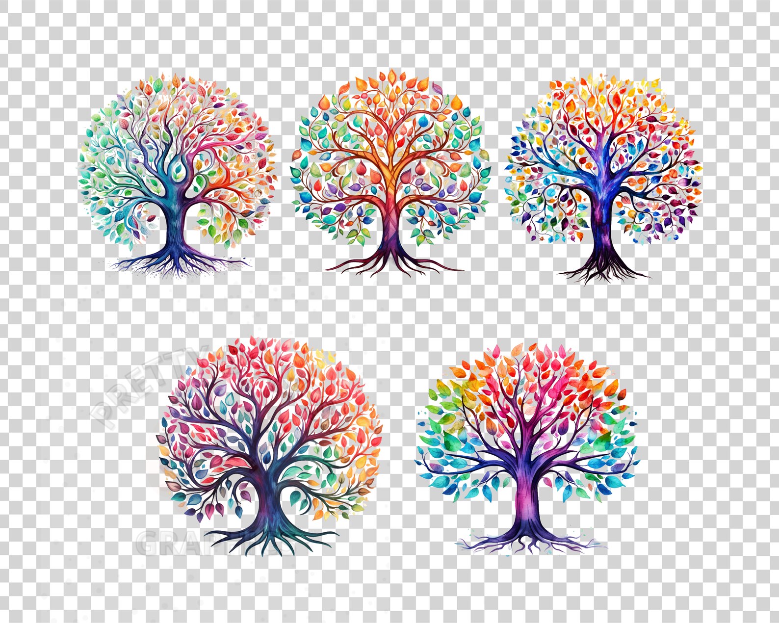 Tree of Life Clipart Bundle, 5 PNG Instant Download Files, Watercolor ...