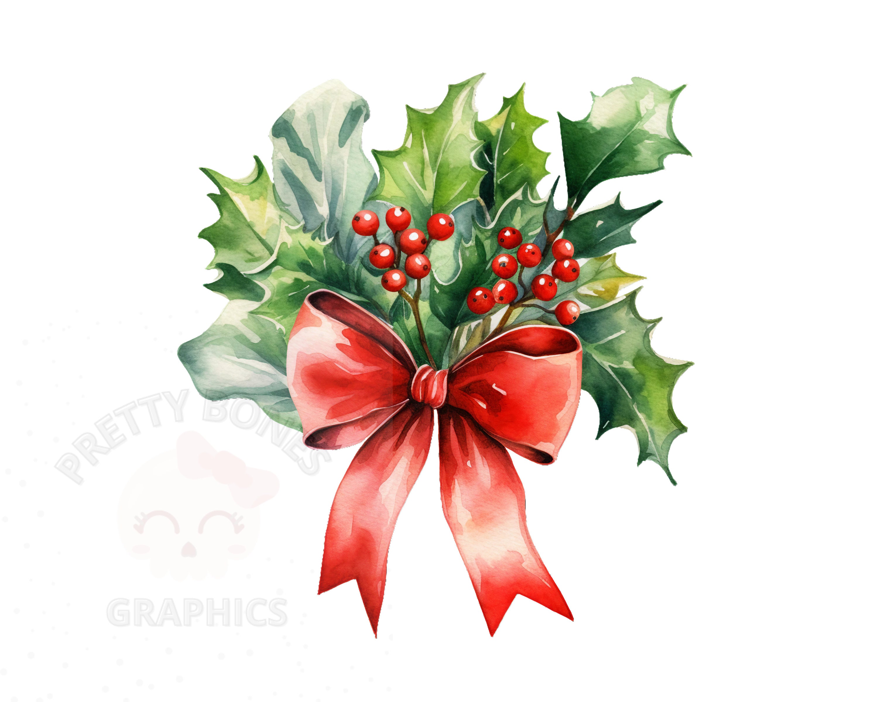 Christmas Mistletoe and Bow Clipart, PNG Instant Download File ...