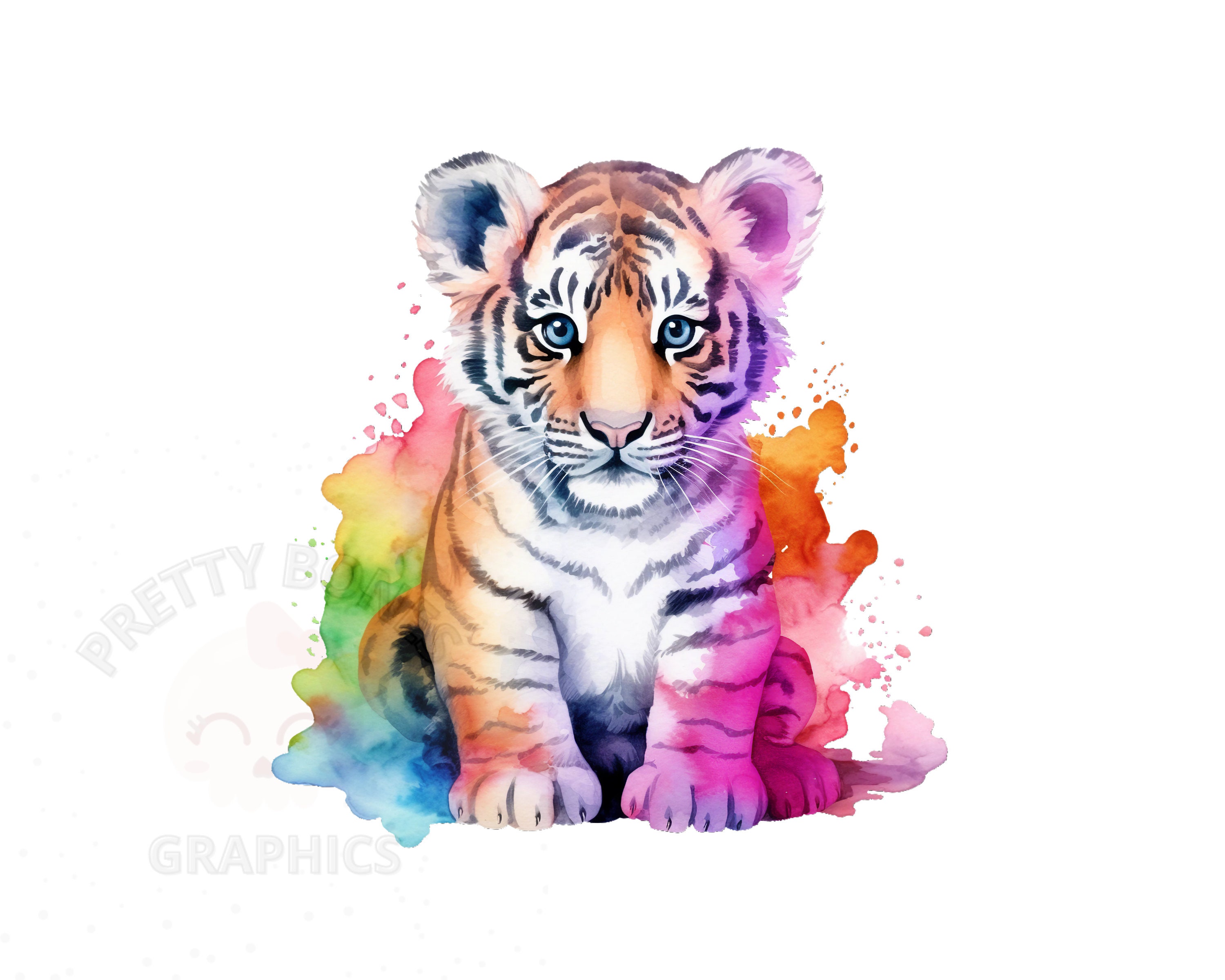 Watercolor Baby Tiger Clipart, Rainbow Colors, PNG Instant Download ...