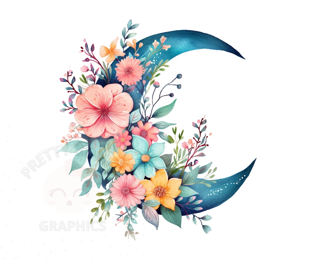 Floral Crescent Moon Clipart, PNG Instant Download File, Moon Digital ...