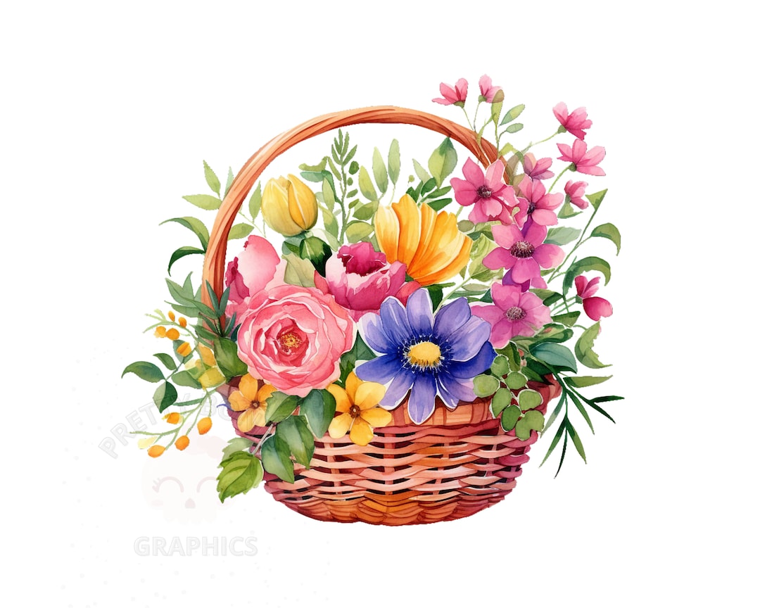 Watercolor Flower Basket Clipart, PNG Instant Download File, Digital ...