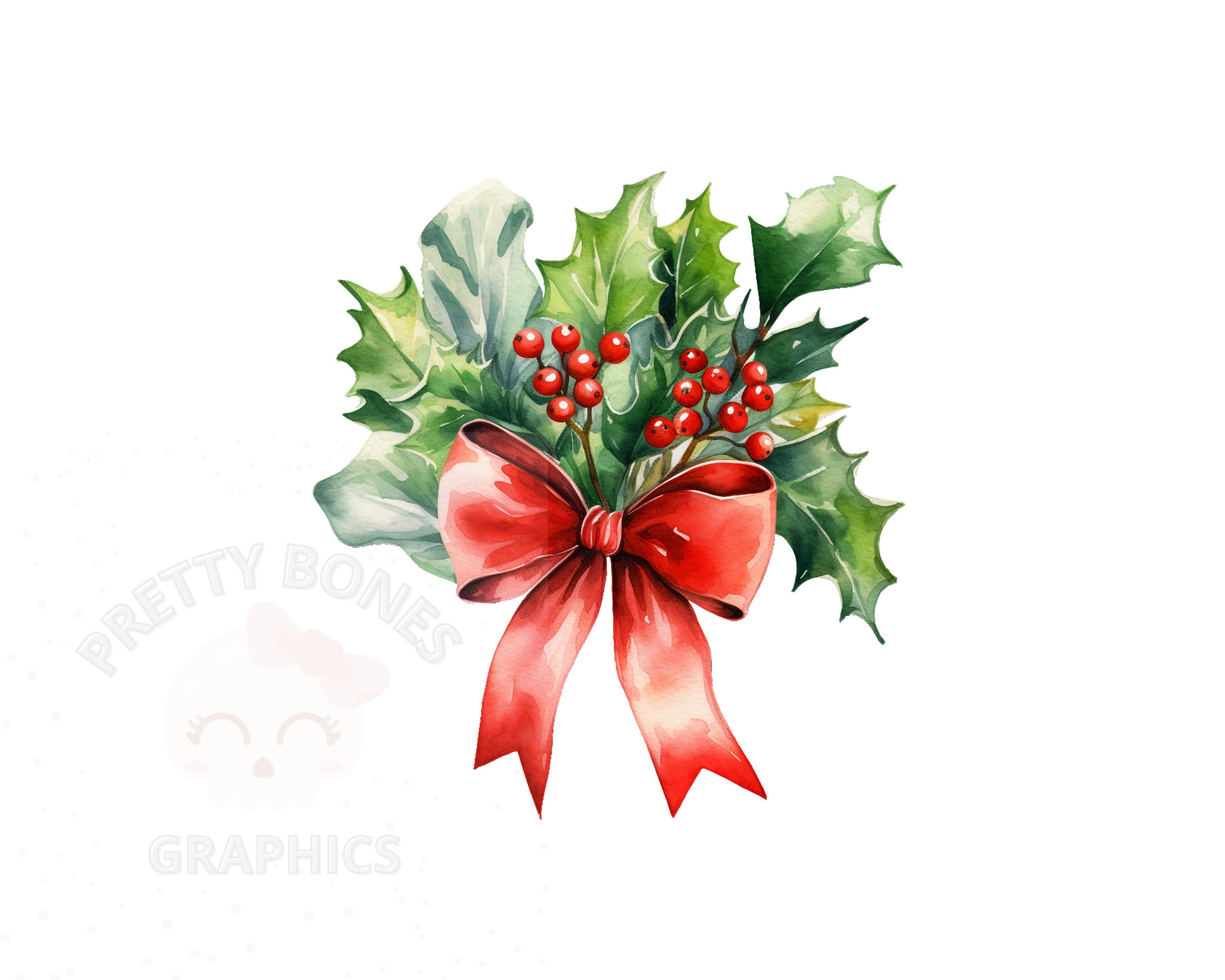 Christmas Mistletoe and Bow Clipart, PNG Instant Download File ...