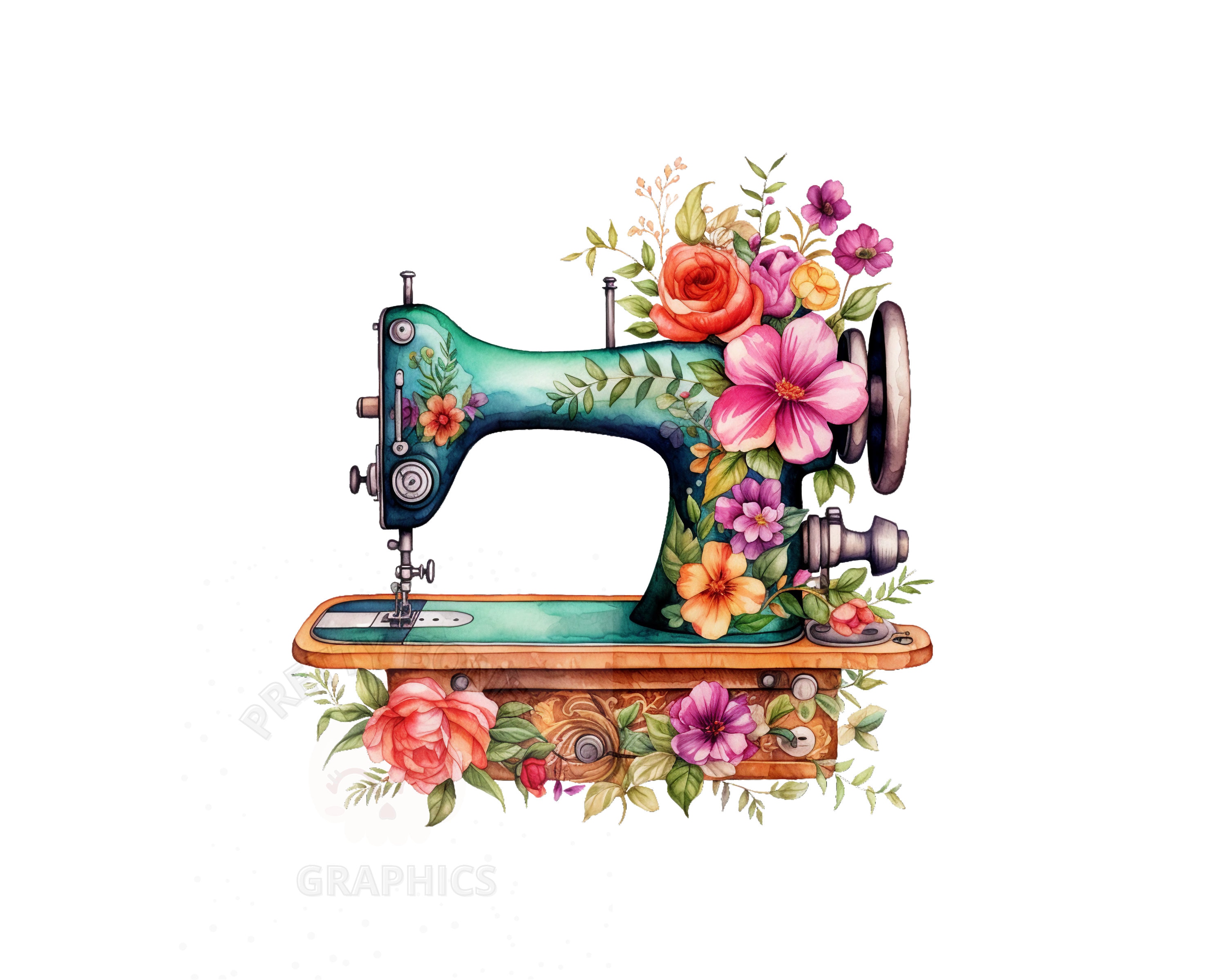 Floral Sewing Machine Clipart, PNG Instant Download File, Digital Paper ...