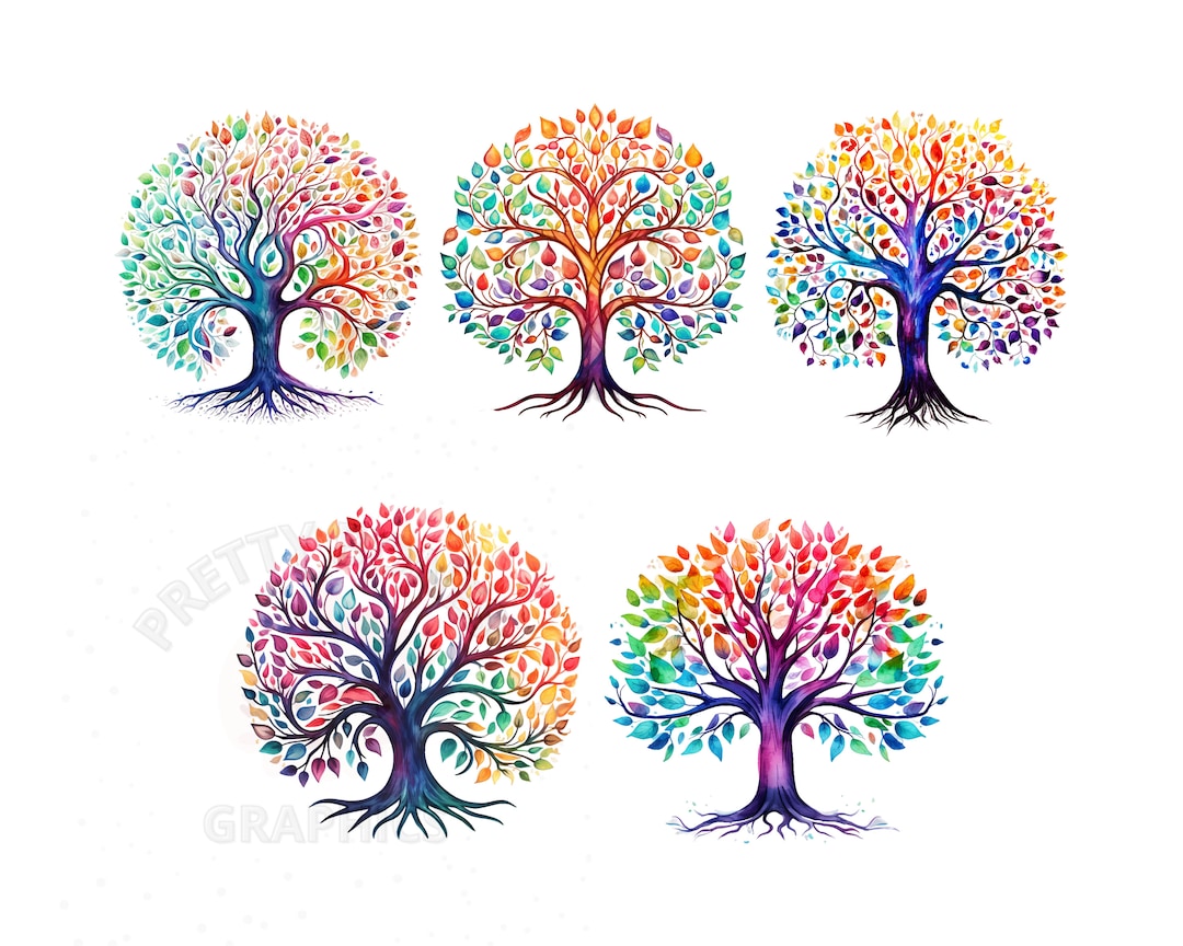 Tree of Life Clipart Bundle, 5 PNG Instant Download Files, Watercolor ...