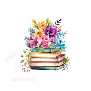Floral Book Stack Clipart, PNG Digital Download File, Watercolor Floral ...