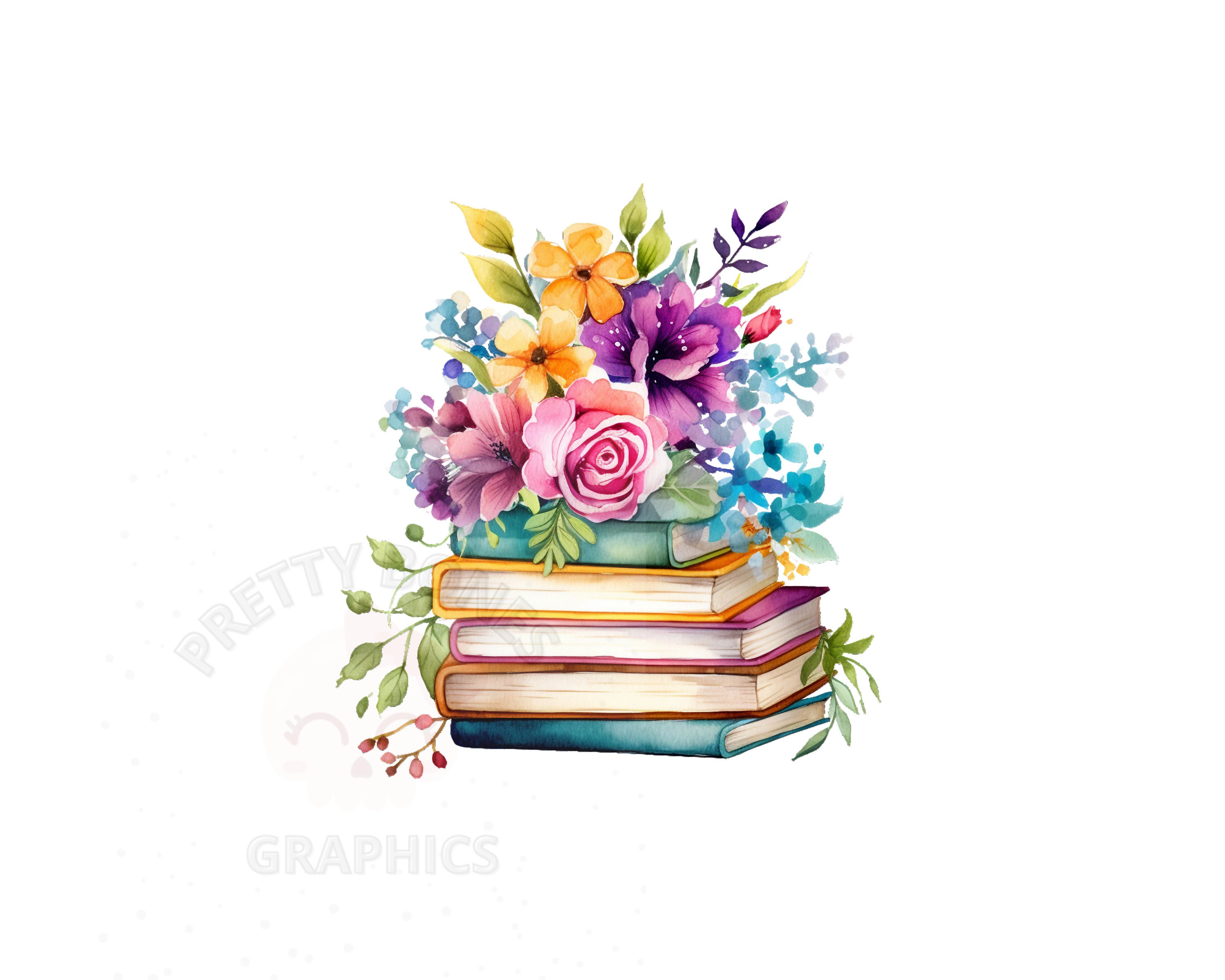 Floral Book Stack Clipart, PNG Digital Download File, Watercolor Floral ...