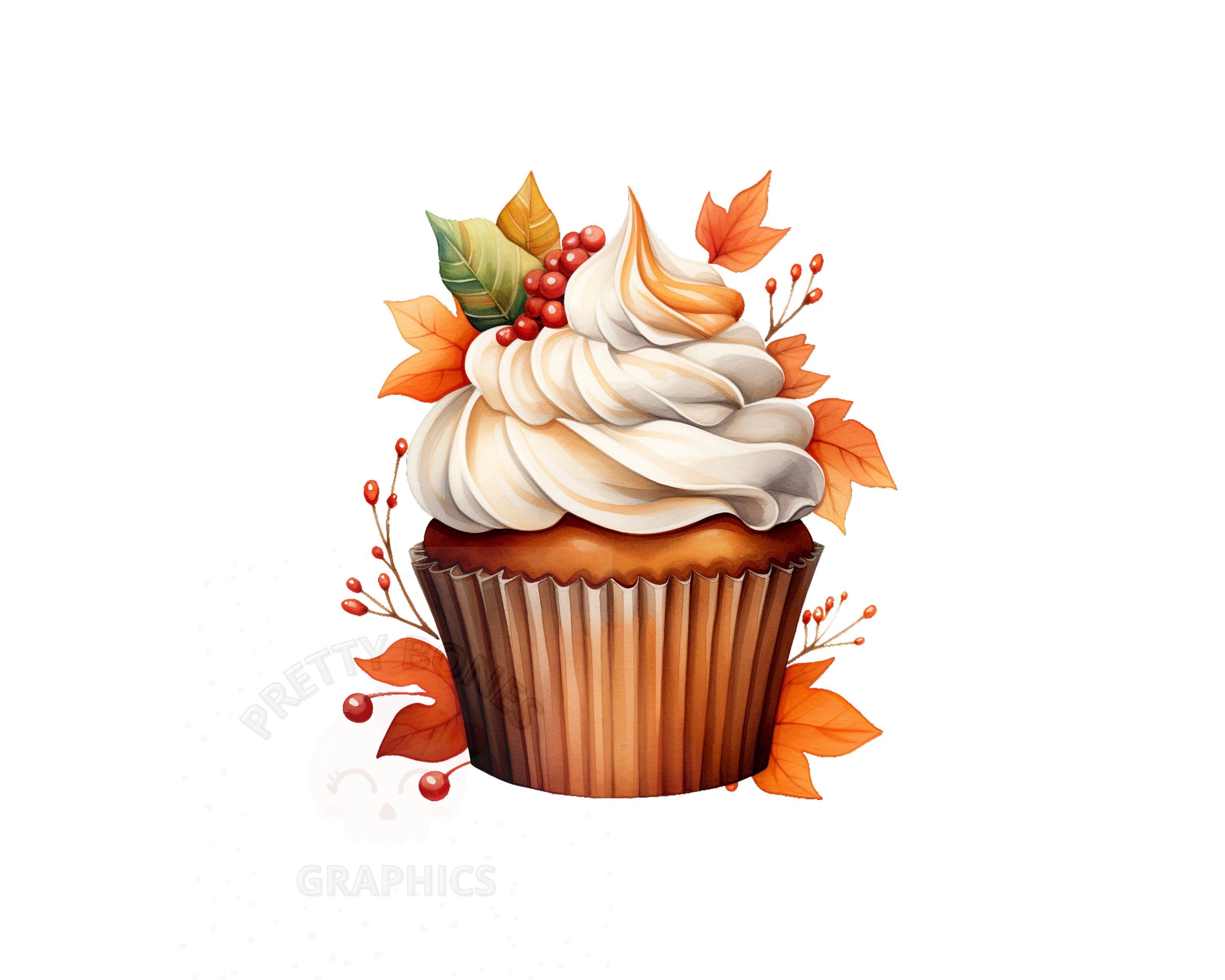 Watercolor Fall Cupcake Clipart, PNG Instant Download File, Digital ...