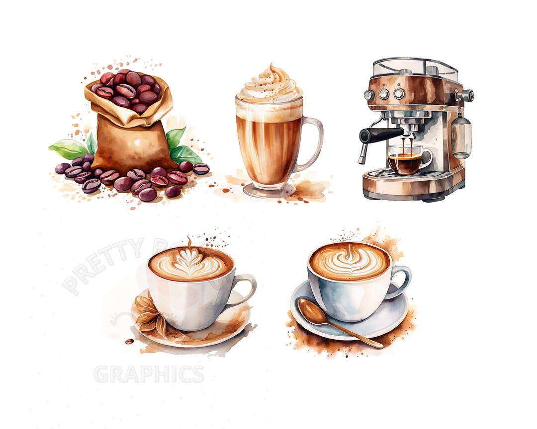 Watercolor Coffee Clipart Bundle, 5 PNG Instant Download Files, Digital ...