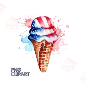 4th of July Watercolor Ice Cream Clipart, PNG Digital Download File ...