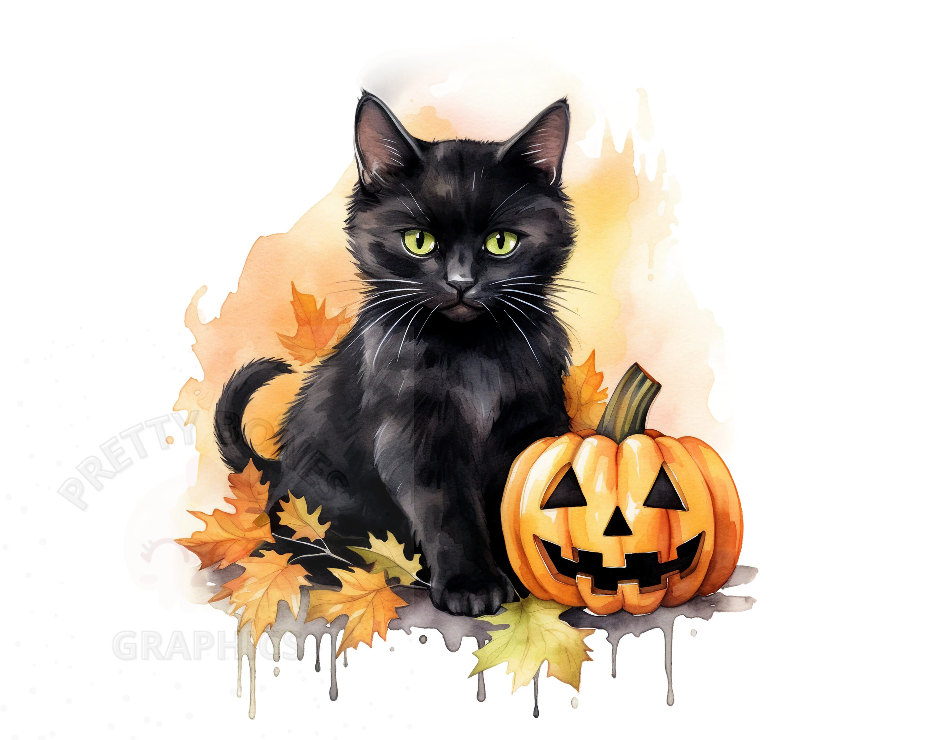 Watercolor Halloween Cat Clipart, PNG Instant Download File, Halloween ...