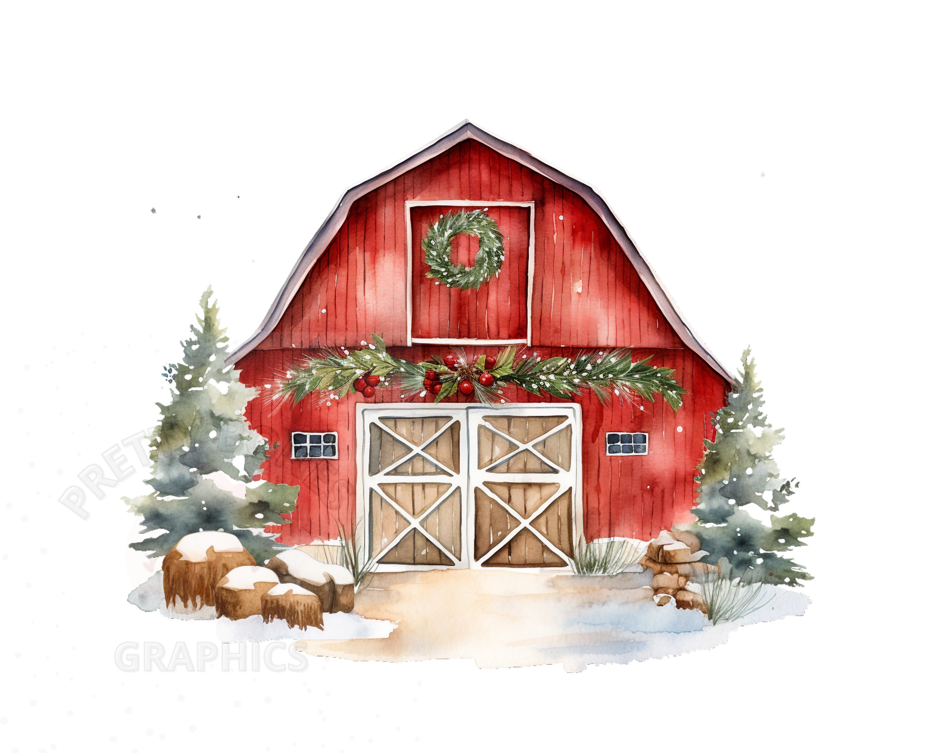 Watercolor Christmas Barn Clipart PNG Instant Download File - Etsy