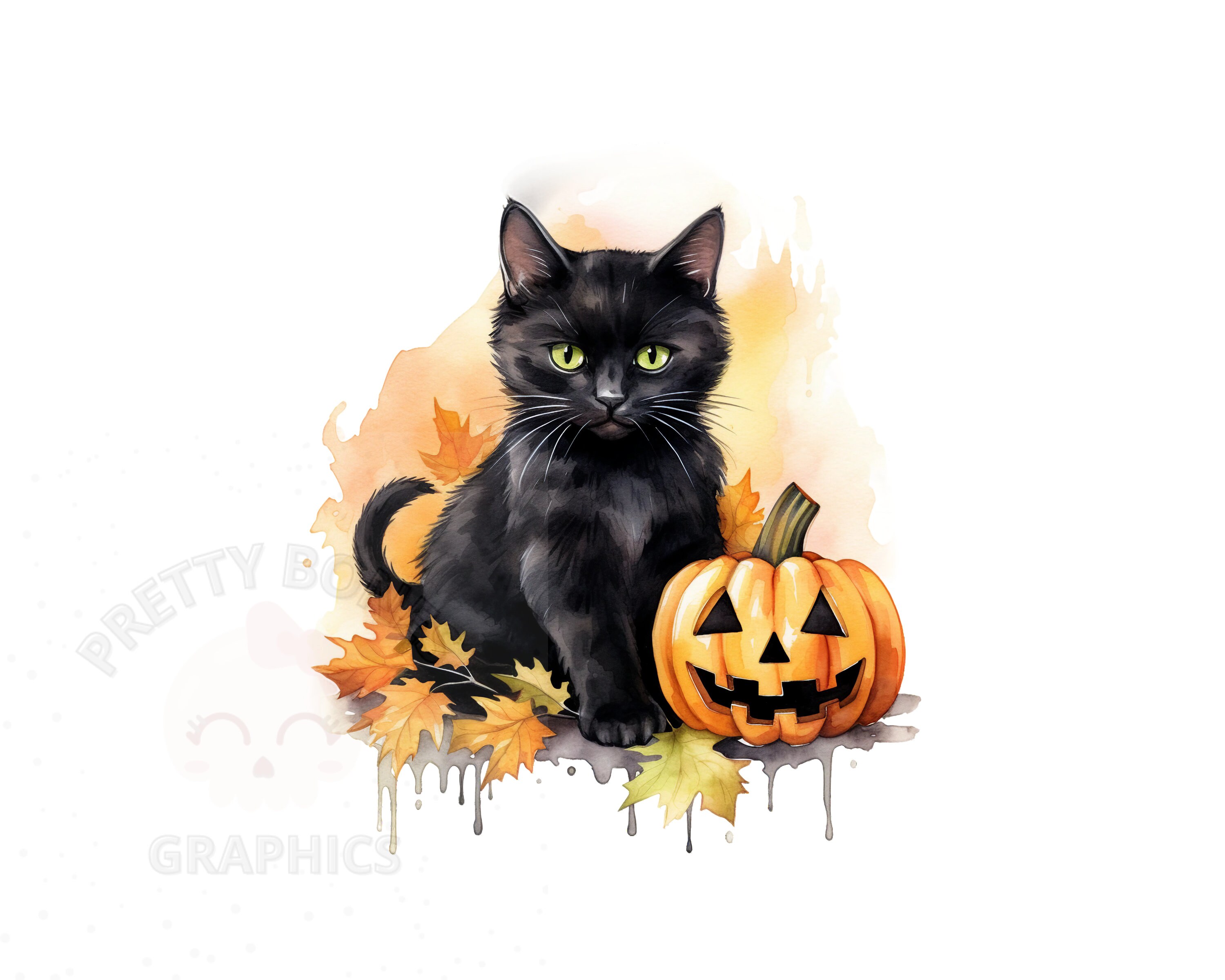Watercolor Halloween Cat Clipart, PNG Instant Download File, Halloween ...