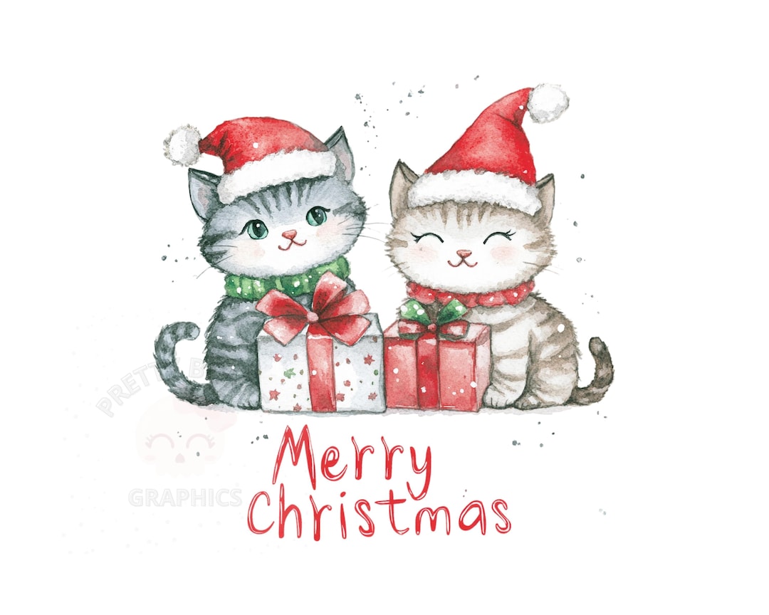 Merry Christmas Cats Clipart, PNG Instant Download File, Digital Paper ...