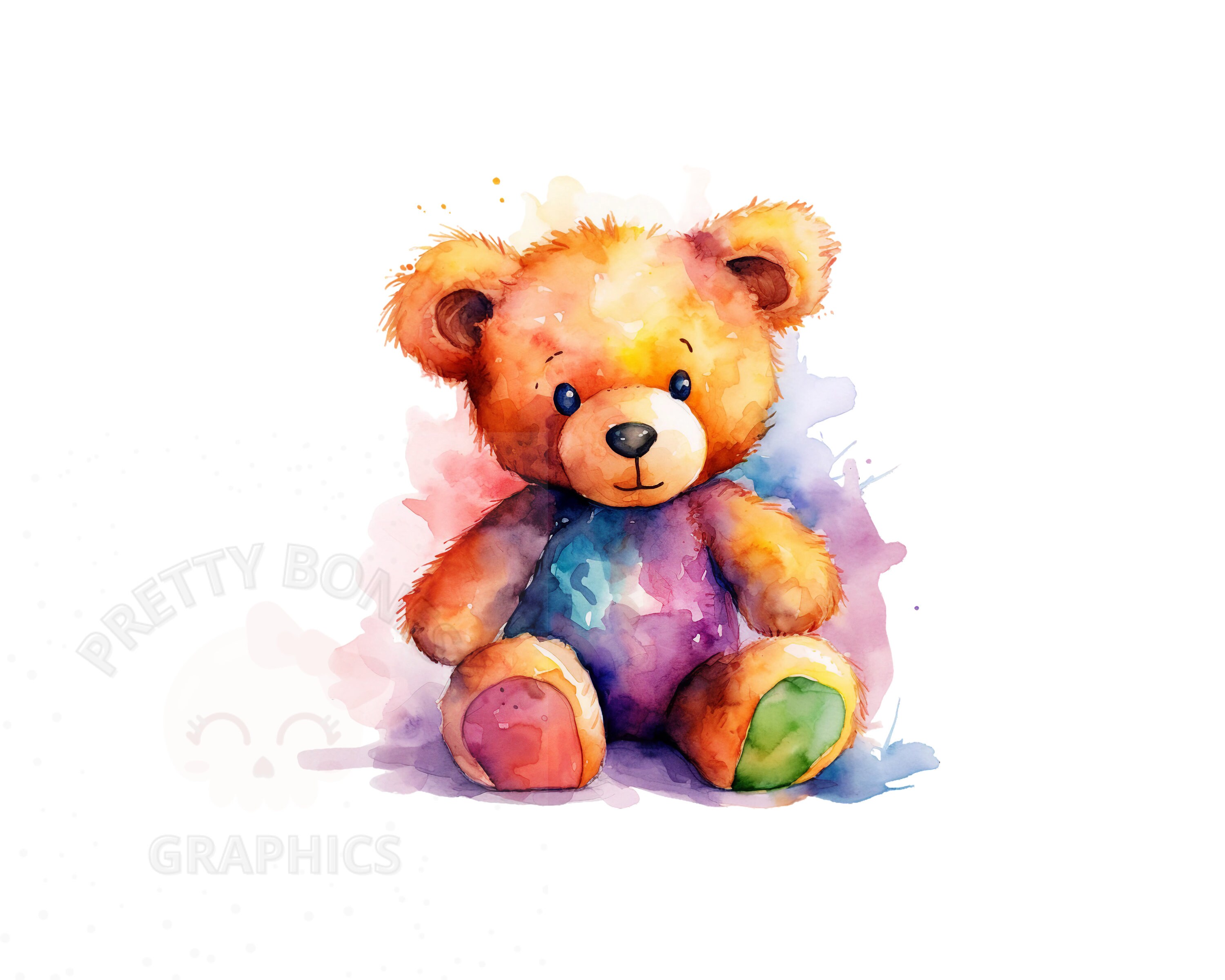 Watercolor Colorful Teddy Bear Clipart PNG Instant Download - Etsy