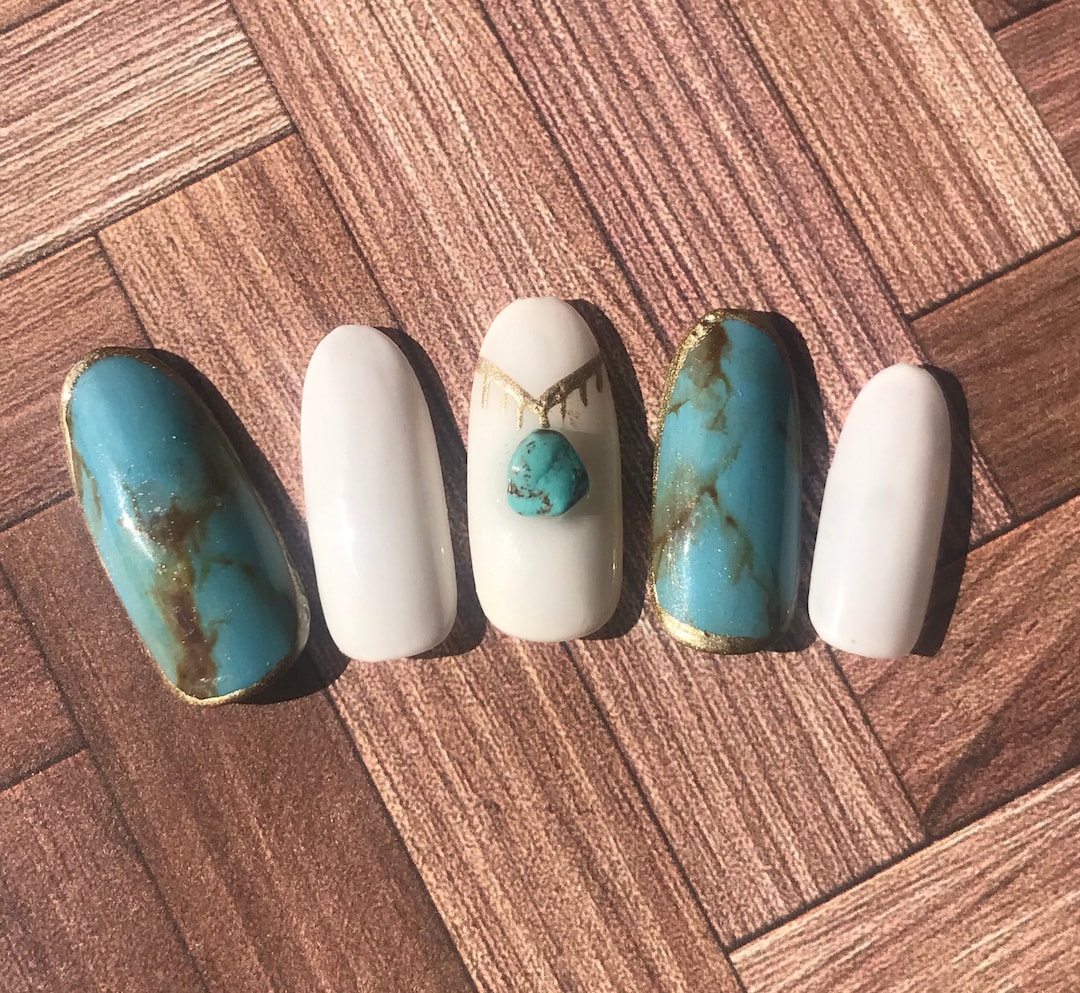 Turquoise Press on Nails - Blue Stick on Nails - Marble Nails - Summer ...