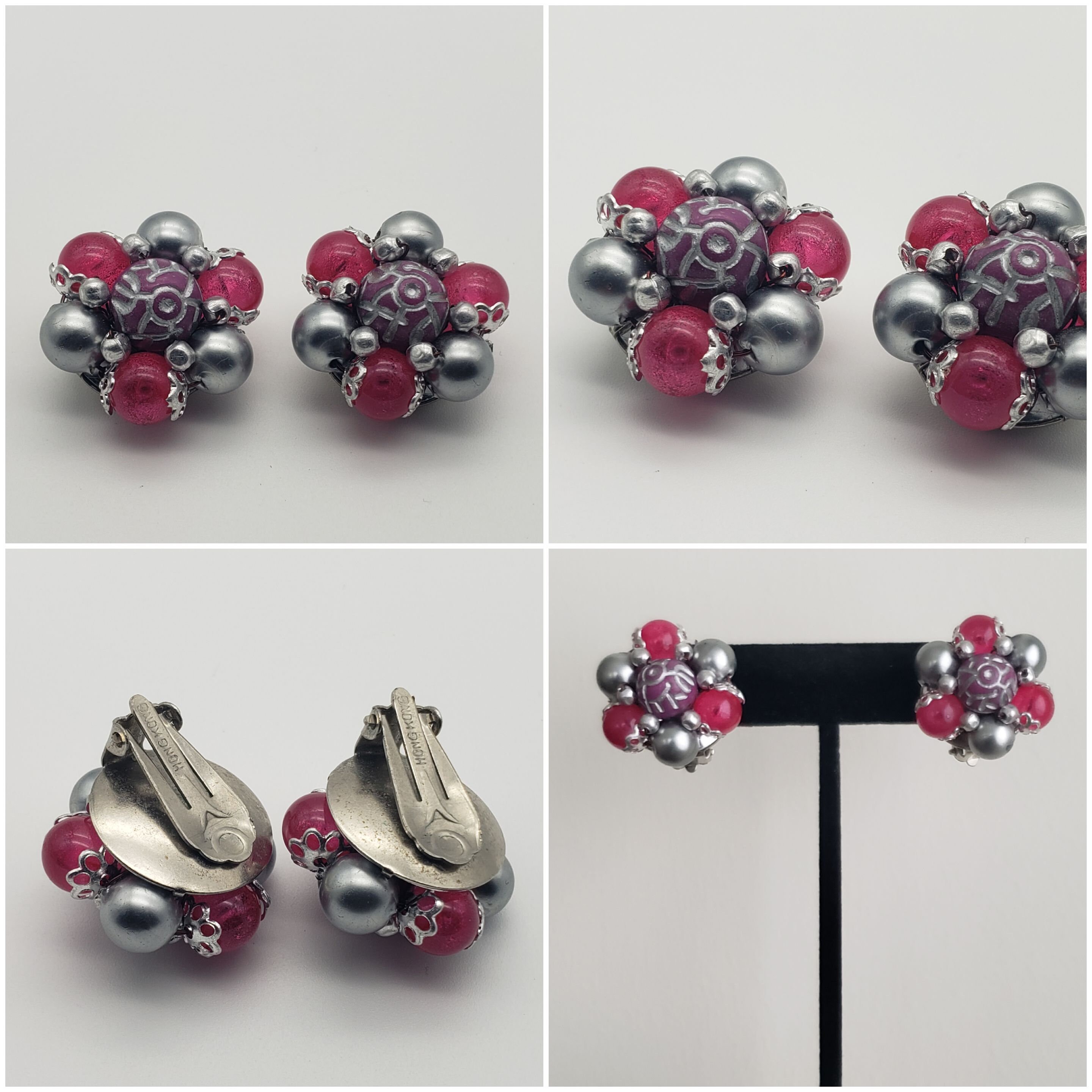 Vintage Mid Century Bead Cluster Earrings, Vintage Signed Austria HONG ...