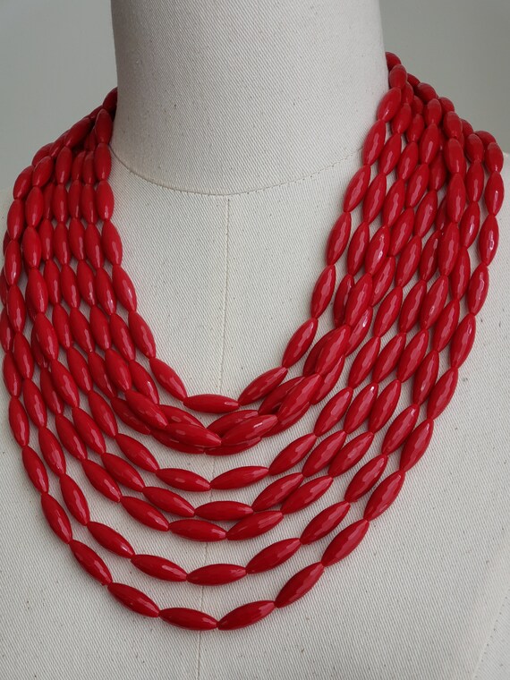 Vintage Nine Strand Red Beaded Statement Necklace, Re… - Gem