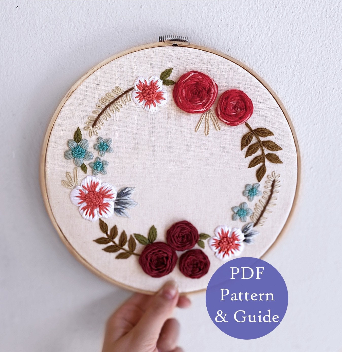 Floral Wreath Embroidery Pattern, Hoop Art Flowers, Embroidery Gift ...