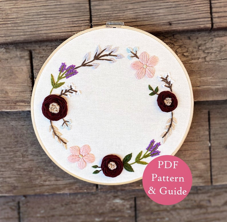 Floral Wreath Embroidery Pattern, Modern Embroidery Design, PDF Pattern ...