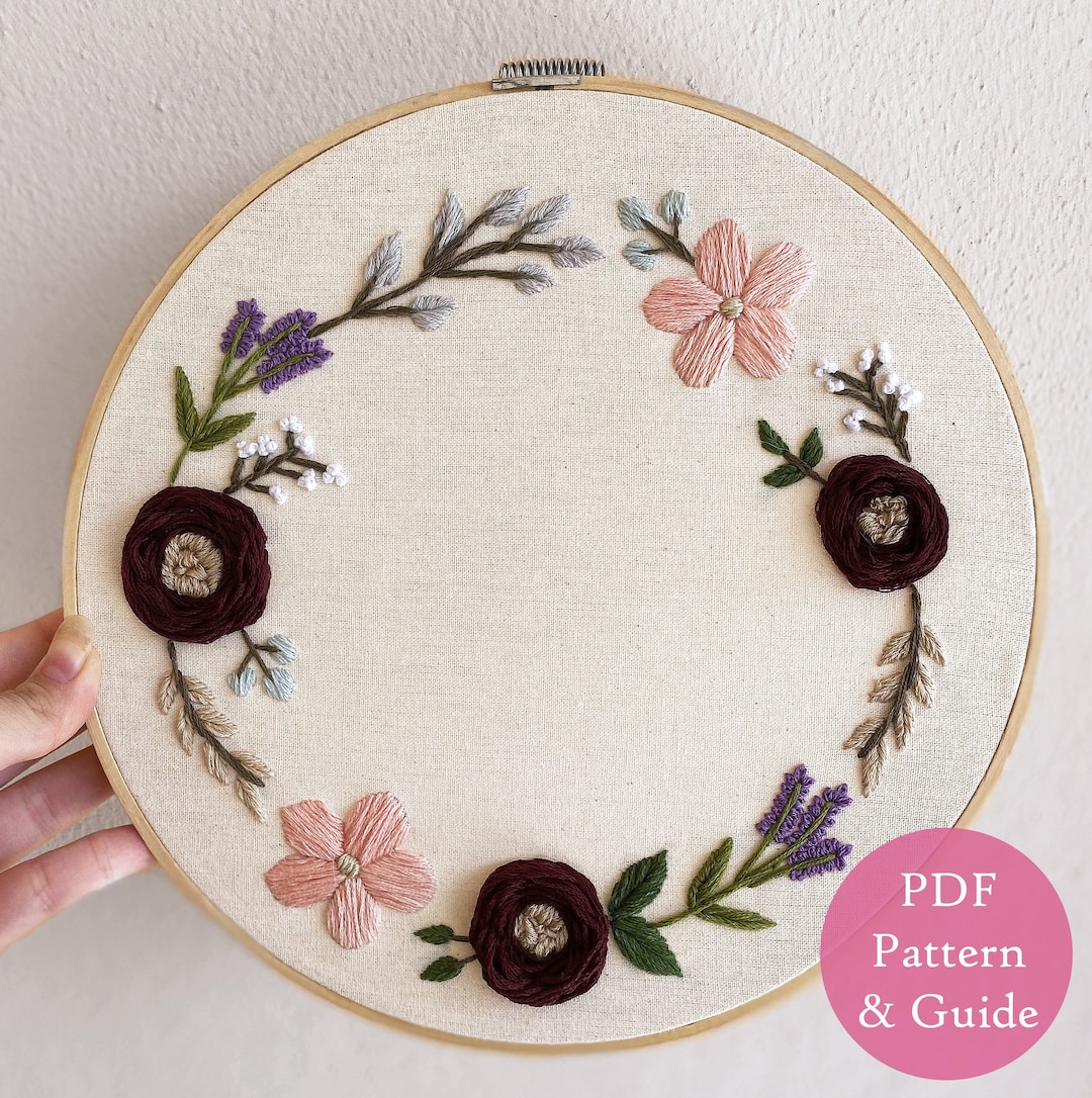 Floral Wreath Embroidery Pattern, Modern Embroidery Design, PDF Pattern ...