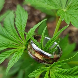 Dark Wood Cannabis Gold 24K Glow Titanium Ring, Weed Wedding Ring ...