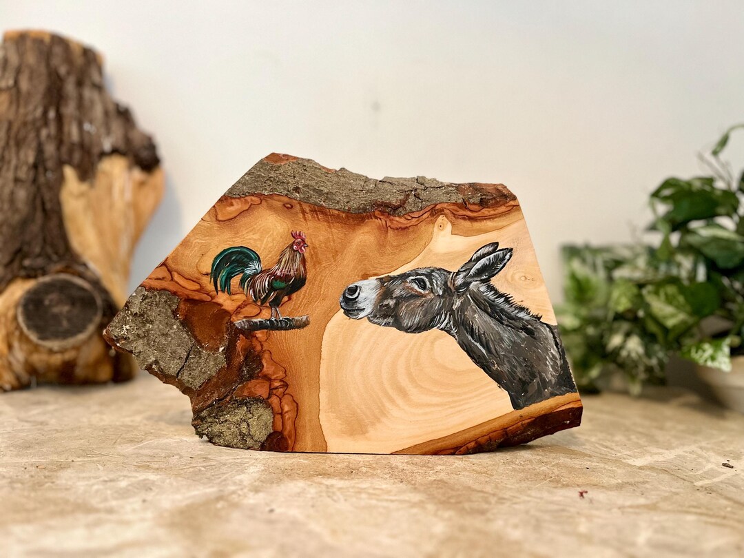 Donkey and Cockerill Painting, Uk Wildlife, Animal Art, Wood Slice ...