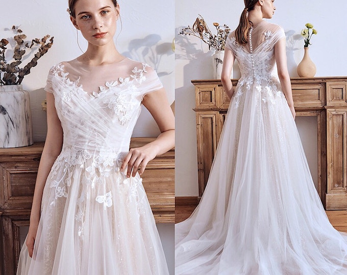 Lace A-line Wedding Dress With Flower Appliqué Wrapping Top - Etsy