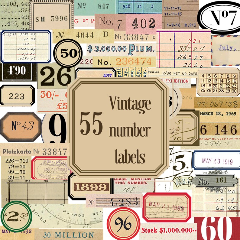 55 Printable Vintage Number Labels Digital Junk Journal Label Kit ...