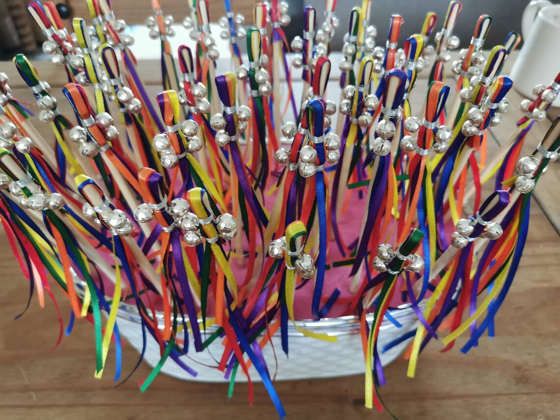 Handmade Wedding Wands 5 With 4 Bells Rainbow Ribbons Party Civil ...