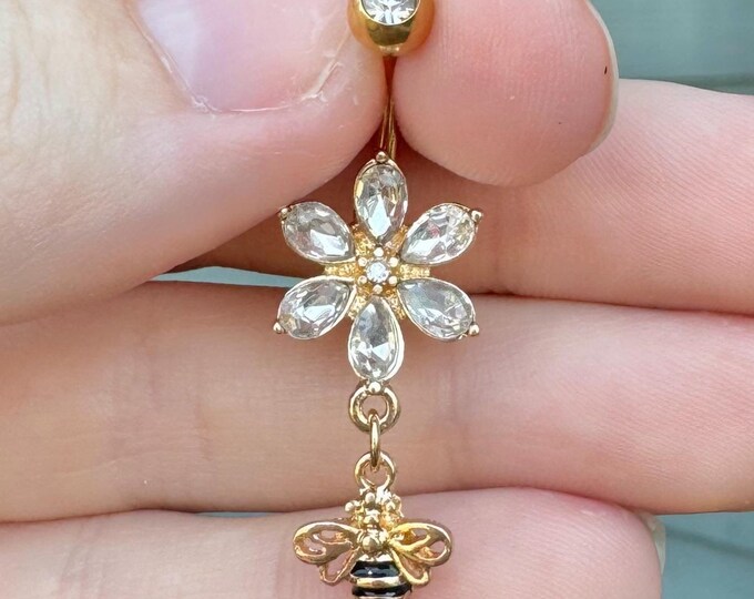 Bee Belly Button Ring, Cute Gold Flower Belly Button Piercing Jewelry ...