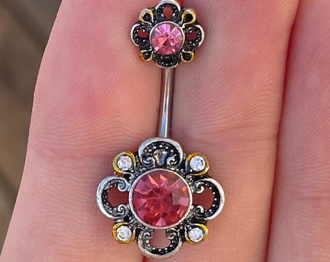 Flower Belly Button Ring, Pink Belly Button Piercing, Non Dangle Belly ...