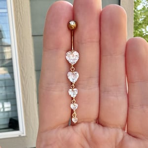Gold Dangly Belly Button Piercing, Heart Long Navel Jewelry Piercing, Cute Drop Belly Button ...