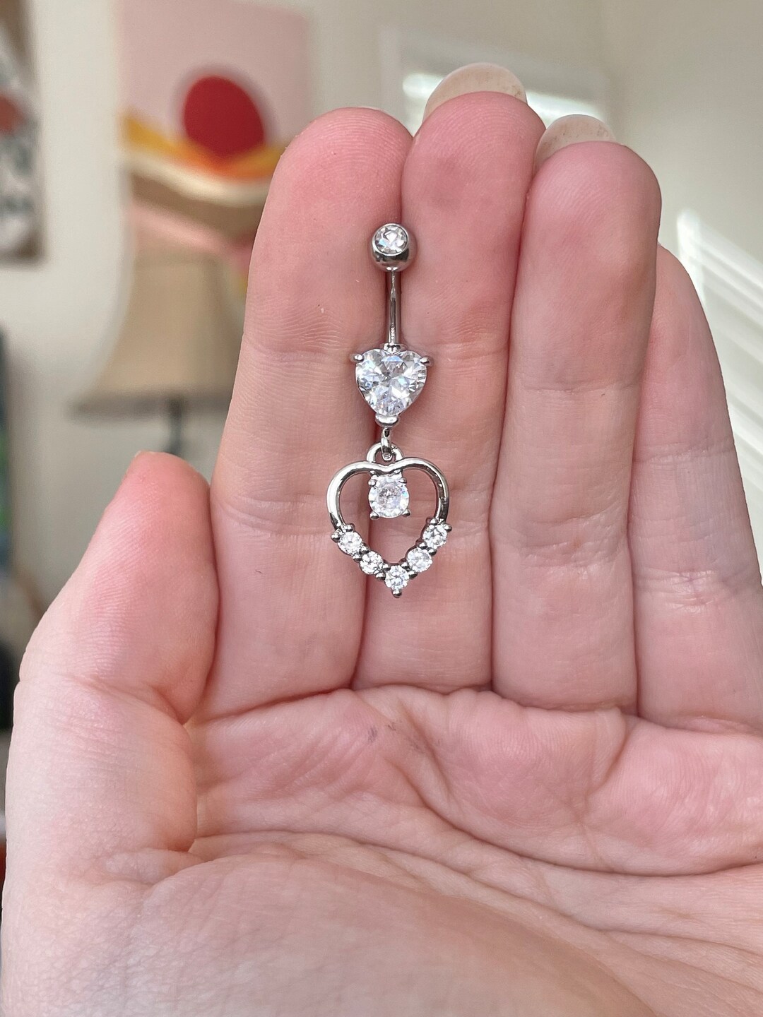 Heart Crystal Silver Dangly Belly Button Ring Cute Delicate Belly Ring ...