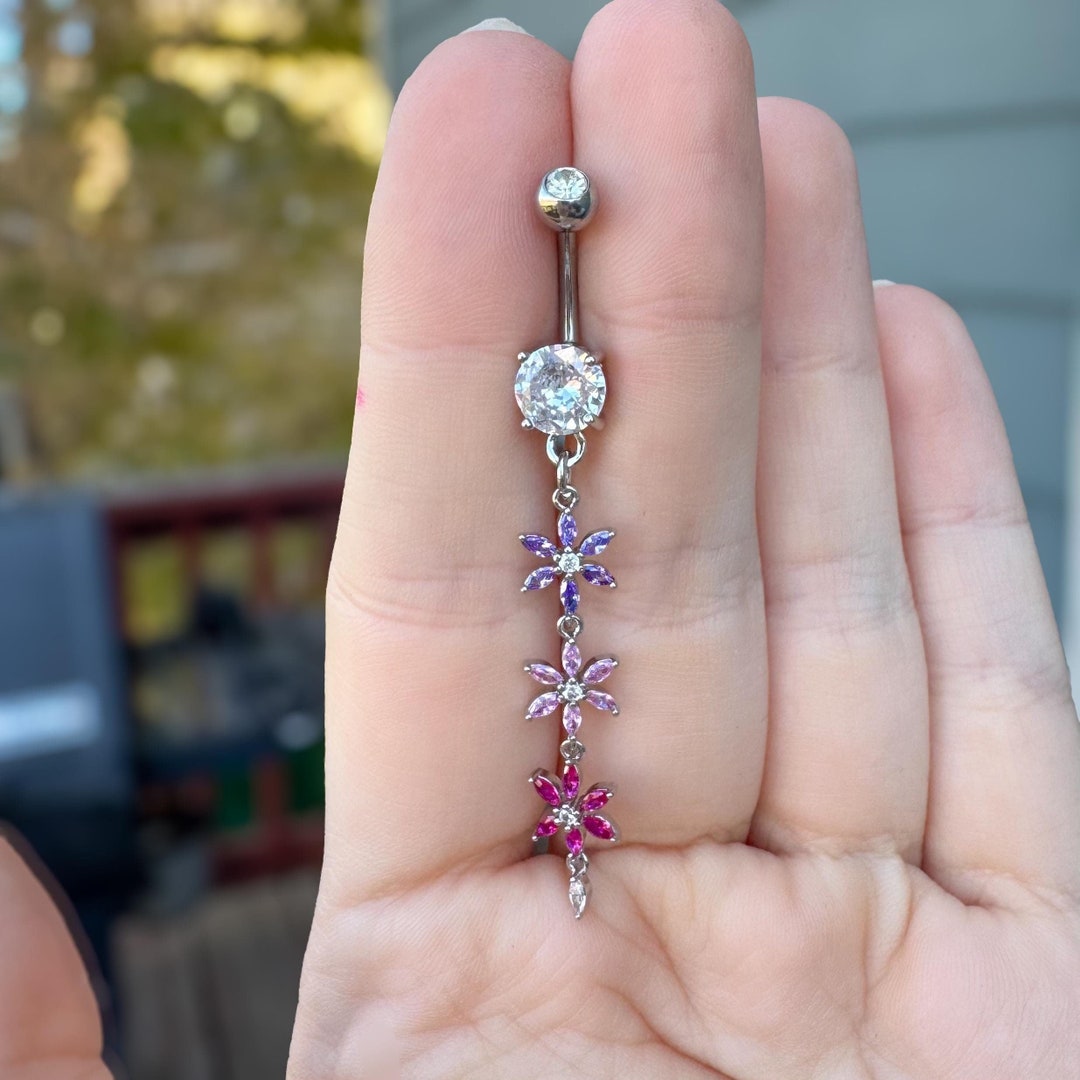 CZ Flower Dangle Belly Ring, Surgical Steel Navel Jewelry - Etsy