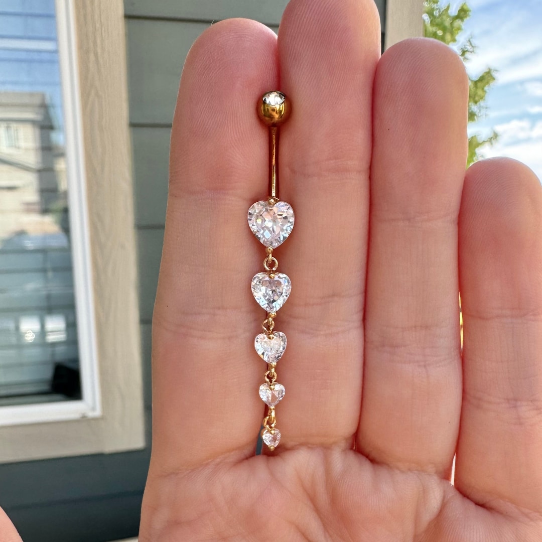 Gold Dangly Belly Button Piercing, Heart Long Navel Jewelry Piercing, Cute Drop Belly Button ...