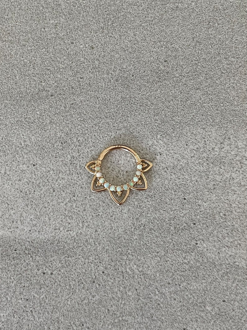 14k Gold Opal Septum Ring, Dainty Fan Clicker Hoop - Etsy