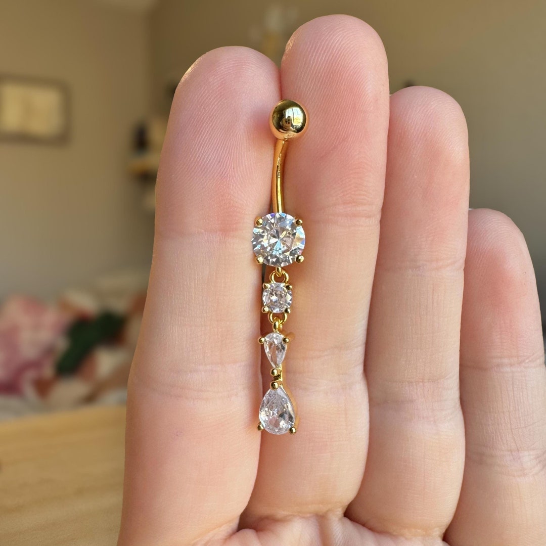 Teardrop Dangly Belly Button Ring, Gold Navel Ring, Long Belly Button Piercing Jewelry, Cute ...