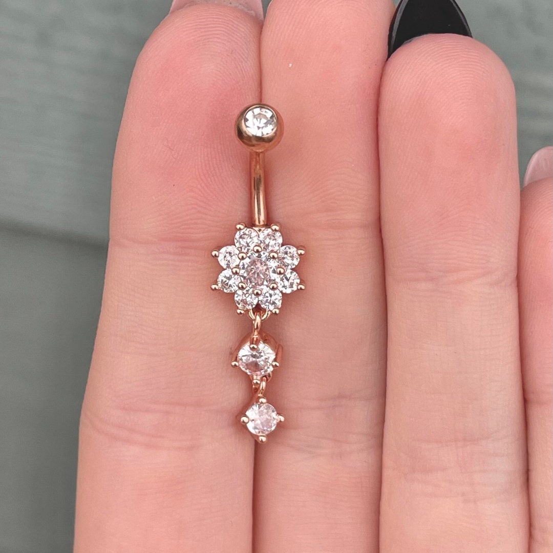 Rose Gold Flower Belly Button Ring, Floral Navel Piercing, Dainty ...