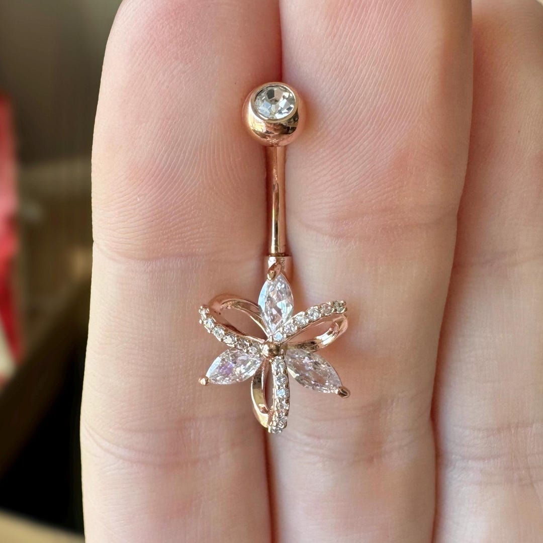 Rose Gold Flower Belly Button Ring | CZ Surgical Steel Navel Piercing ...
