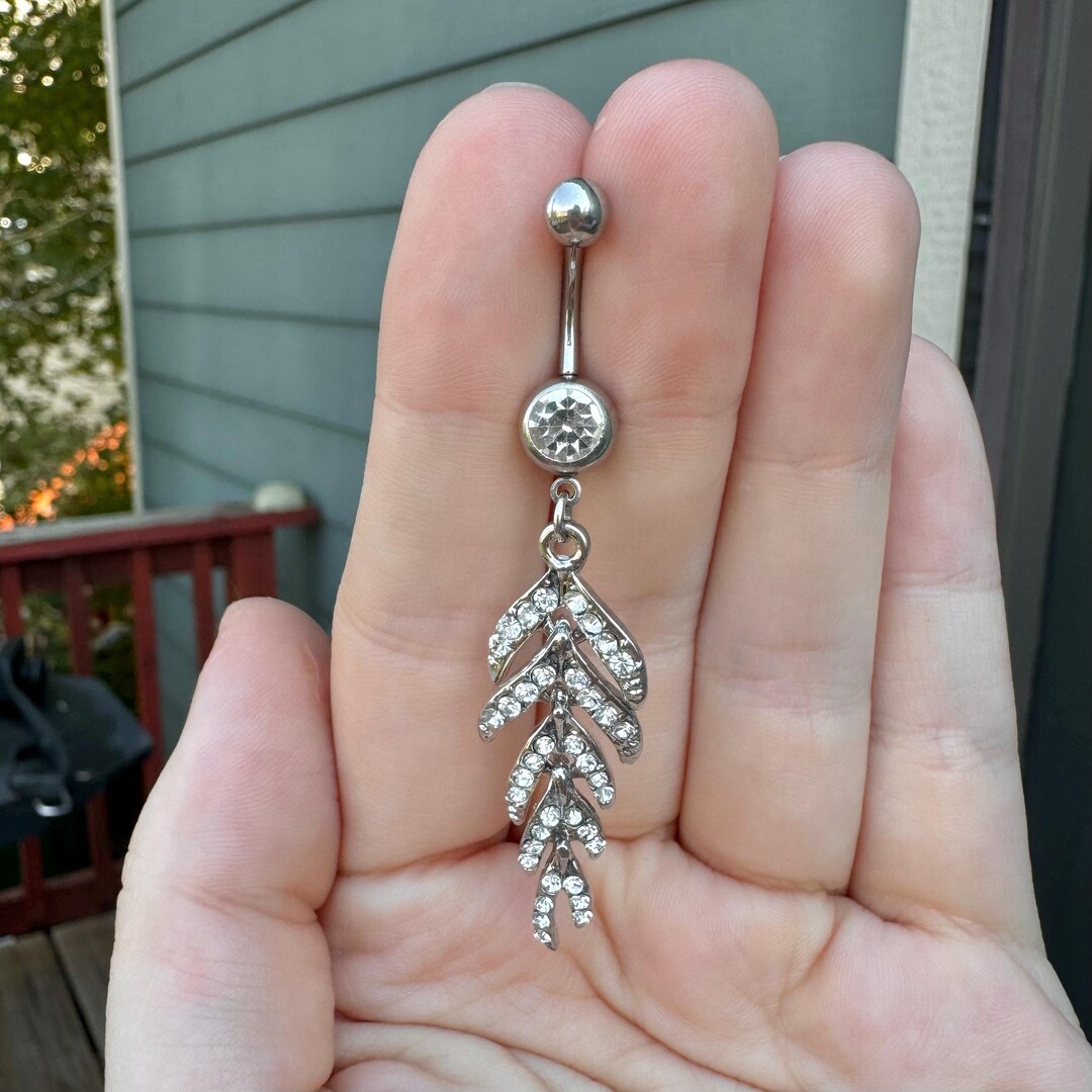 Feather Belly Button Ring Silver, Belly Button Piercing Long Dangly ...