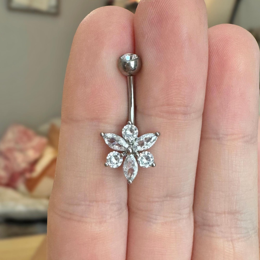 Silver Flower Belly Button Ring, CZ Titanium Belly Button Jewelry, Cute ...