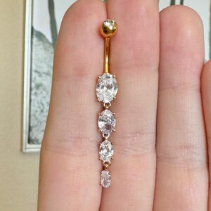 Gold Dangly Belly Button Piercing, Long Oval Navel Jewelry Piercing, Cute Drop Belly Button ...