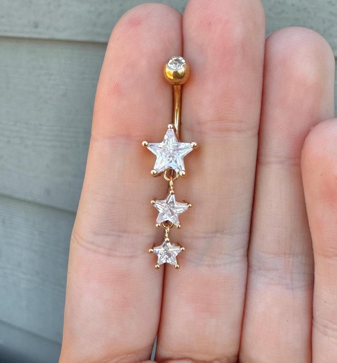Gold Dangly Belly Button Piercing, Star Long Navel Jewelry Piercing ...