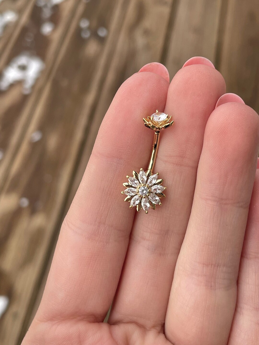 Dainty Gold Flower Belly Button Ring – Internally Threaded Marquise CZ ...