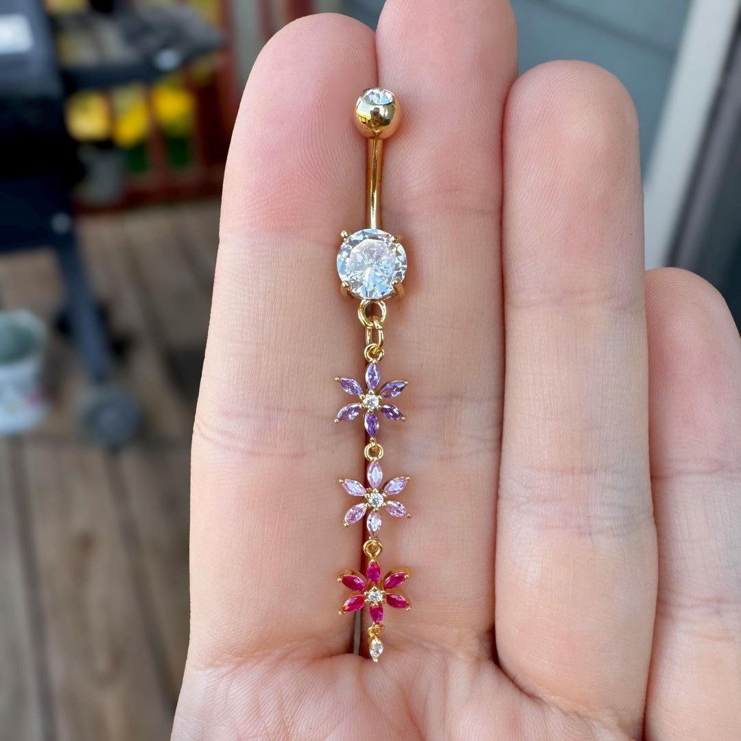 Gold Floral Belly Button Ring, Dangly CZ Flower Navel Jewelry, Colorful ...