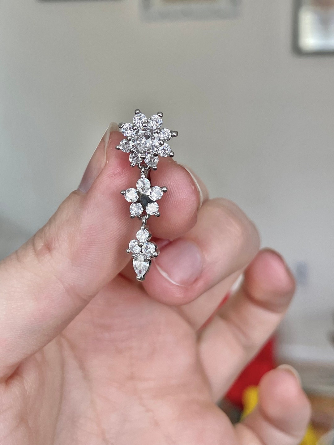 Floating Top Down Belly Button Ring, Floral CZ Design, Delicate ...