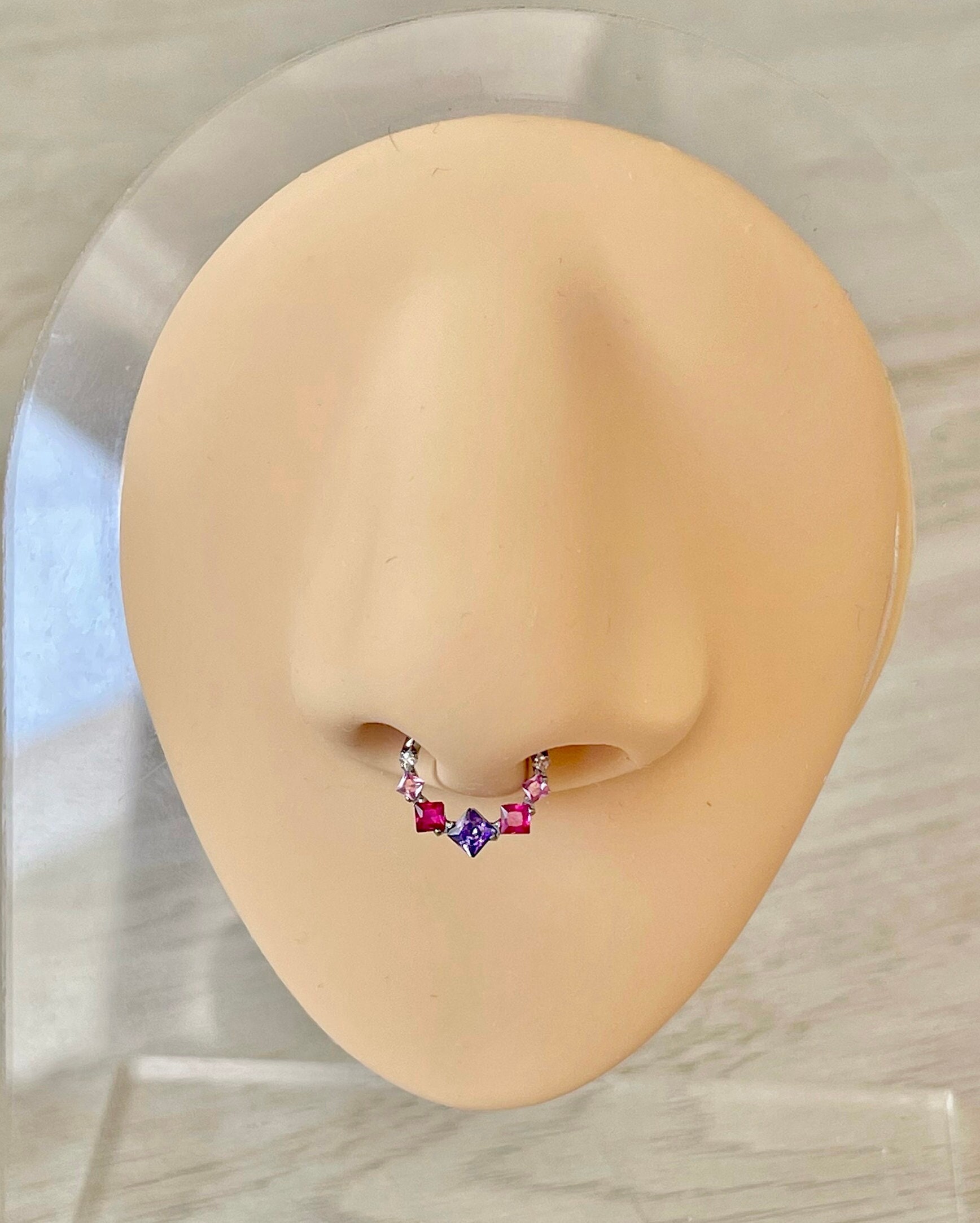 Silver Titanium Septum Ring, Square-cut Multicolor CZ Clicker Hoop ...